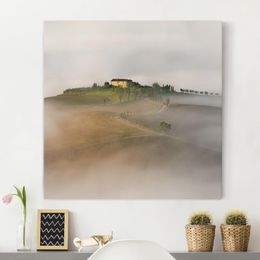 Bilderwelten Leinwandbild Natur Motiv Kunstdruck grau - Morgennebel in der Toskana - Landschaft XXL Wohnzimmer Schlafzimmer
