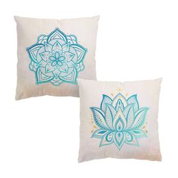 Bilderwelten Dekokissen Kissenbezug 2er Set beige Spirituell Orientalisch - Mandala Lotus Set Gold Blau - Ornamente Sofakissen Bezug & F&uuml;llung in 40x40 50x50 60x60