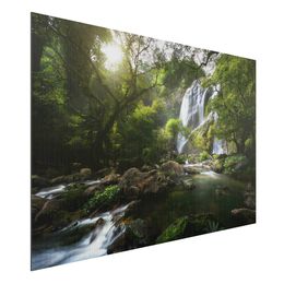 Bilderwelten Alu Dibond Outdoor Bild Wald gr&uuml;n Motiv wetterfest - Gebirgsbach - B&auml;ume Wohnzimmer Schlafzimmer