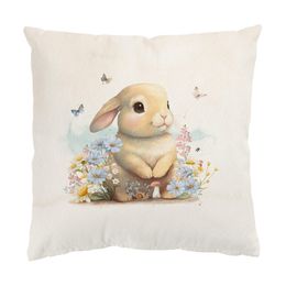 Bilderwelten Dekokissen 2er Set beige Tiere Illustration Aquarell - Hase Rehkitz Wiese - Bett Couch Sofakissen Bezug & F&uuml;llung in 40x40 50x50 60x60