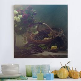 Bilderwelten Leinwandbild Kulinarisch Vintage Kunstdruck petrol - Stillleben mit Blumenvase - Retro XXL K&uuml;che
