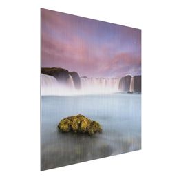 Bilderwelten Alu Dibond Outdoor Bild Natur violett Motiv wetterfest - Go&eth;afoss und der Mond - Himmel Wohnzimmer Schlafzimmer