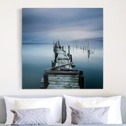 Bilderwelten Leinwandbild Strand modern Kunstdruck blau - Zeitloser Steg - Meerblick XXL Wohnzimmer Schlafzimmer