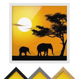 Bilderwelten Bild mit Rahmen Natur einzigartig modern inkl. Rahmung - African Elefant Walk - Landschaft Wohnzimmer Schlafzimmer