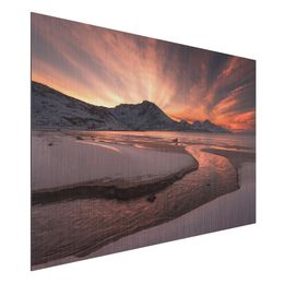 Bilderwelten Alu Dibond Outdoor Bild Natur rot Motiv wetterfest - Goldener Sonnenuntergang - Berg Wohnzimmer Schlafzimmer