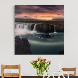 Bilderwelten Leinwandbild Natur Motiv Kunstdruck schwarz - Go&eth;afoss Wasserfall in Island - Himmel XXL Wohnzimmer Schlafzimmer
