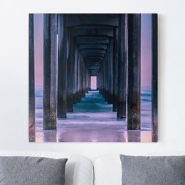 Bilderwelten Leinwandbild Strand Motiv 3D-Effekt violett - Pier im Sonnenuntergang - Landschaft XXL Wohnzimmer Schlafzimmer