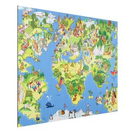 Bilderwelten Alu Dibond Outdoor Bild Weltkarte blau Illustration wetterfest - Great and Funny Worldmap - Deko Kinderzimmer Baby M&auml;dchen Jungen