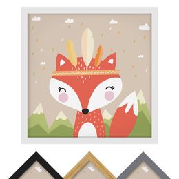 Bilderwelten Bild mit Rahmen Tiere rot Illustration inkl. Rahmung - Indianerfuchs - Indianer Kinderzimmer Baby M&auml;dchen Jungen