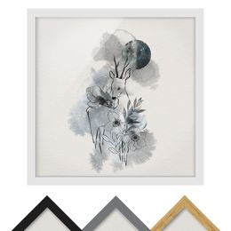 Bilderwelten Bild mit Rahmen Tiere blau Illustration Aquarell - Reh und Mond - Himmel Wohnzimmer Schlafzimmer