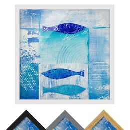 Bilderwelten Bild mit Rahmen Tiere blau modern inkl. Rahmung - Fish in the blue - Fische Wohnzimmer Schlafzimmer