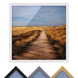 Bilderwelten Bild mit Rahmen Strand gelb Motiv inkl. Rahmung - D&uuml;nenweg auf Sylt - Himmel Wohnzimmer Schlafzimmer