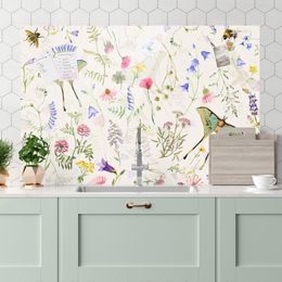 Bilderwelten Glas Spritzschutz modern bunt Tiere - Schmetterlinge mit Blumen auf Creme - Schmetterlinge K&uuml;chenr&uuml;ckwand aus Glas