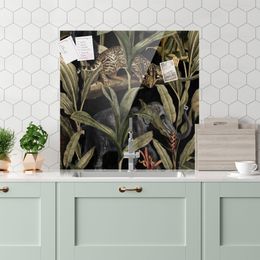 Bilderwelten Glas Spritzschutz Illustration gr&uuml;n Tiere - Tropische Nacht mit Leopard - Elefant K&uuml;chenr&uuml;ckwand aus Glas