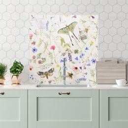 Bilderwelten Glas Spritzschutz modern bunt Tiere - Schmetterlinge mit Blumen auf Creme - Schmetterlinge K&uuml;chenr&uuml;ckwand aus Glas