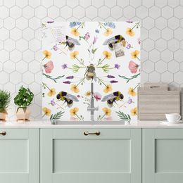 Bilderwelten Glas Spritzschutz modern gelb Tiere - Bienen mit Blumen - Insekten K&uuml;chenr&uuml;ckwand aus Glas