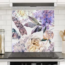 Spritzschutz Zartes Aquarell Boho Bl&uuml;ten und Federn Muster