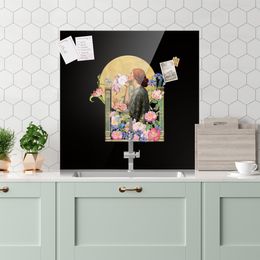 Bilderwelten Spritzschutz Dame mit Blumen vor Goldkreis