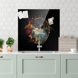 Bilderwelten Glas Spritzschutz modern schwarz Portrait - Dame mit Blumen auf Schwarz - Deko K&uuml;chenr&uuml;ckwand aus Glas