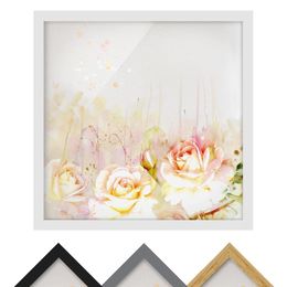 Bilderwelten Bild mit Rahmen Blumen beige modern Aquarell - Aquarell Blumen Rosen - Rose Wohnzimmer Schlafzimmer