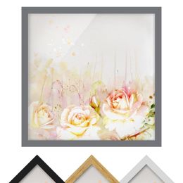 Bilderwelten Bild mit Rahmen - Quadrat Aquarell Blumen Rosen
