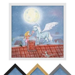 Bilderwelten Bild mit Rahmen blau Illustration Aquarell - Maries Zauberpony - Deko Kinderzimmer Baby M&auml;dchen Jungen