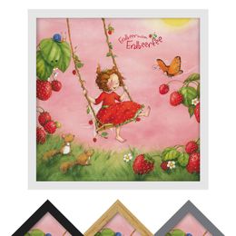 Bilderwelten Bild mit Rahmen originell rosa Illustration Aquarell - Erdbeerinchen Erdbeerfee - Baumschaukel - Deko Kinderzimmer Baby M&auml;dchen Jungen