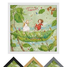 Bilderwelten Bild mit Rahmen gr&uuml;n Illustration Aquarell - Erdbeerinchen Erdbeerfee - Trampolin - Deko Kinderzimmer Baby M&auml;dchen Jungen