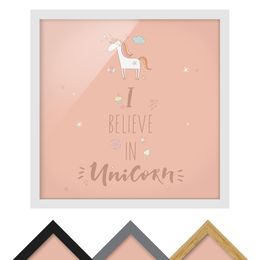 Bilderwelten Bild mit Rahmen Tiere rosa Illustration inkl. Rahmung - I believe in Unicorn - Einhorn Kinderzimmer Baby M&auml;dchen Jungen