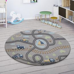 Kinderteppich Paco Home, H:4mm Ø:150cm, grau, Polyester, Teppiche, "Chicos 562", Flachgewebe, Straßen-Spiel-Teppich, Kinderzimmer