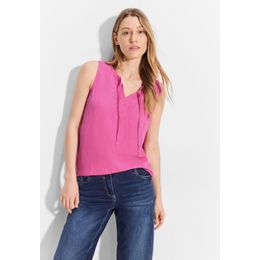 Cecil Damen Kurzarmbluse, pink, Gr. XS, unifarben, Web, 55% Leinen, 45% Viskose, Blusen, mit geschlitztem Rundhalsausschnitt mit B&auml;ndchen