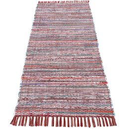 Teppich CarpetFine, B:60cm H:6mm L:180cm, rot, Baumwolle, Polyester, Wohnzimmer, Teppiche, "Kelim Chindi, Wendeteppich", handgewebt, Fleckerlteppich