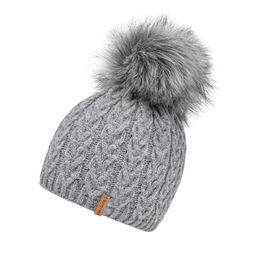 Chillouts Damen Bommelm&uuml;tze "Tabea Hat", grau, Fellimitat, Zopfmuster, meliert, unifarben, Feinstrick, Materialmix, M&uuml;tzen, mit abnehmbarem