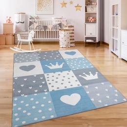 Kinderteppich Paco Home, B:80cm H:12mm L:150cm, blau, Polyester, Teppiche, "Eliz 391", Kurzflor, Spielteppich, Patchwork-Muster, Motiv Krone, Herz &