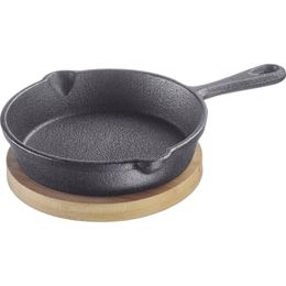 Westmark Grillpfanne "Tapas + Friends, kleine Gusseisenpfanne", Ø 11cm + Höhe 3,5cm, schwarz, Pfannen, 125 ml, inkl. Bambus-Untersetzer