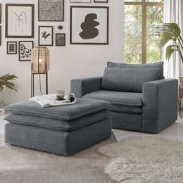 Pharao24.de Sessel mit Hocker Anthrazit aus Cord 125 cm breit (zweiteilig)