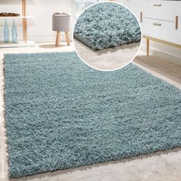 Teppich Paco Home, B:60cm H:44mm L:100cm, blau, Kunstfaser, Wohnzimmer, Teppiche, "Twister 500", Uni Hochflor Shaggy mit hoher Fadendichte