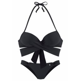 s.Oliver Damen Push-Up-Bikini, schwarz, Gr. 34, unifarben, Recycling-Polyamid, Bikini-Sets, mit zusätzlichen Bindebändern
