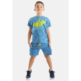 DENOKIDS Jungen Hausanzug "Shark Sea", Gr. 110, blau, 100% Baumwolle, bedruckt, Homewear-Sets, mit Allover-Tropenmuster-Print