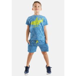 DENOKIDS Jungen Hausanzug "Shark Sea", Gr. 110, blau, 100% Baumwolle, bedruckt, Homewear-Sets, mit Allover-Tropenmuster-Print