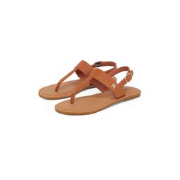 Tommy Hilfiger Damen Riemchensandale "LEATHER THONG SANDAL", Gr. 40, braun, Leder, Schuhe, Sandalette, Sommerschuh, Flats mit Zehensteg