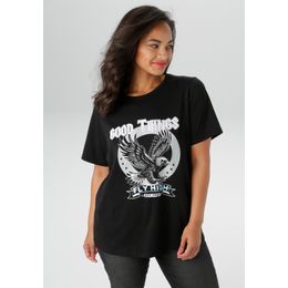 ANISTON PLUS Damen T-Shirt, schwarz, Gr. 48, bedruckt, unifarben, Single Jersey, Obermaterial: 95% Baumwolle, 5% Elasthan, Shirts, mit trendigen
