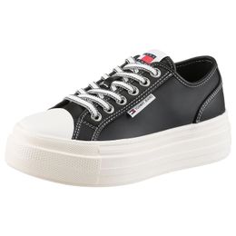 Tommy Jeans Damen Plateausneaker "TJW FOXING VULC LC LEATHER", Gr. 42, schwarz, Lederimitat, Schuhe, Freizeitschuh, Halbschuh, Schnürschuh,