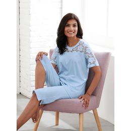 Damen Schlafanzug, Gr. 52, blau, 100% Baumwolle, Spitze:80% Baumwolle, 20% Polyamid, Homewear-Sets