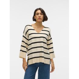 V&eacute;ro Moda VERO MODA Damen V-Ausschnitt-Pullover "VMSABA 3/4 V-NCK STRIPE PULLOVER GA NOOS", beige, Gr. XS, gestreift, Strick, Obermaterial: 50% Viskose, 28%