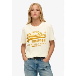 Superdry Damen Print-Shirt "EMBELLISHED VL RELAXED TEE", beige, Gr. L, bedruckt, Single Jersey, Obermaterial: 100% Baumwolle, Shirts