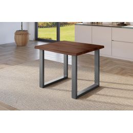 Esstisch 80x80 cm Baumkante Holz Nussbaum-Optik U-Gestell Metall schwarz JULIUS