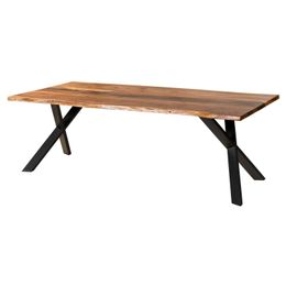 Baumtisch Akazie 260x100x76 natur lackiert / Epoxid schwarz, ausgestellte X-Beine anthrazit matt EPOXY