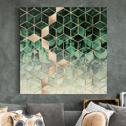 Bilderwelten Leinwandbild - Quadrat Gr&uuml;ne Bl&auml;tter goldene Geometrie