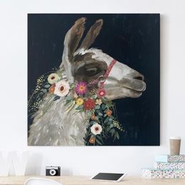 Bilderwelten Leinwandbild - Quadrat Lama mit Blumenschmuck I